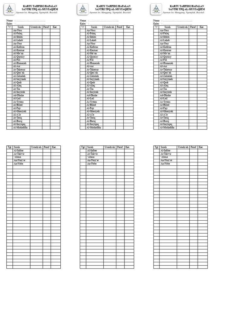 Kartu Tahfidz Santri | PDF