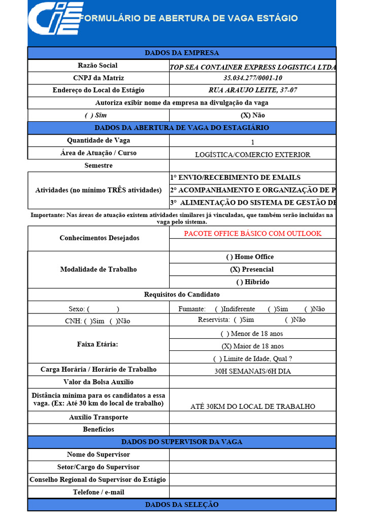 Formulário - Abertura de Vaga Estágio | PDF