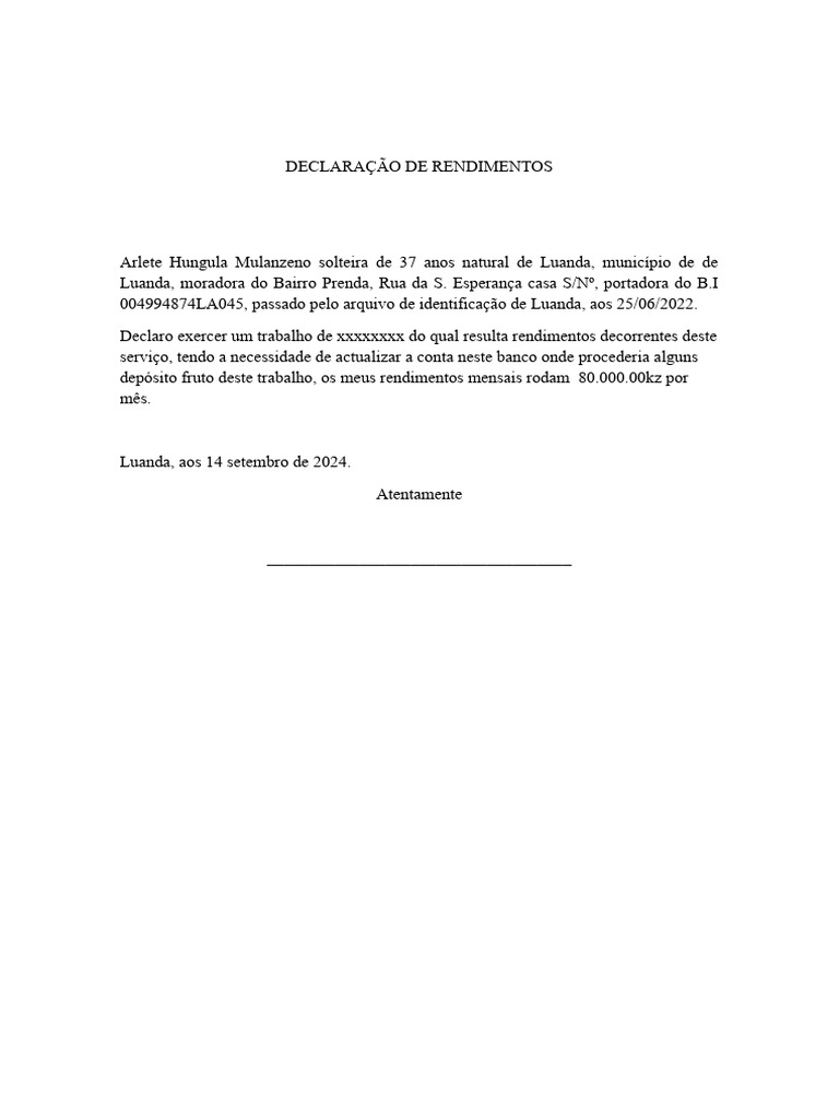 Declaracao De Vinculomodelo De Carta De Declaracao De Rendimentos