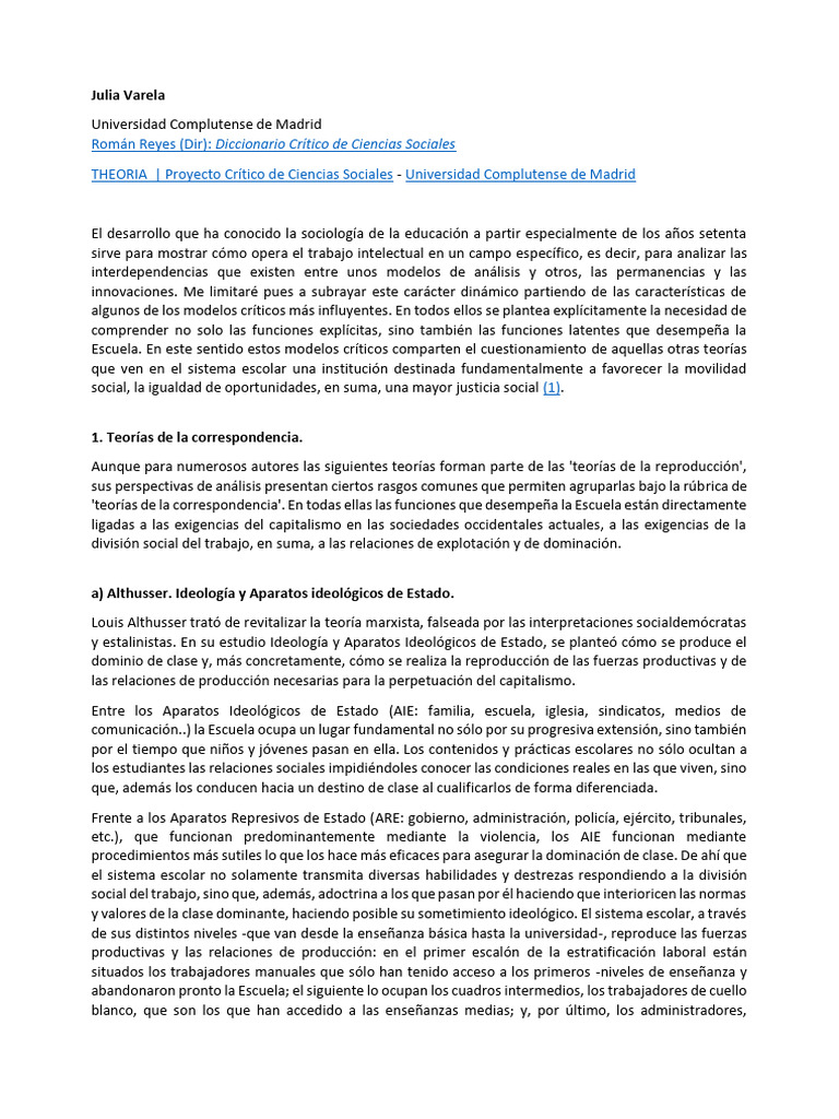 Julia Varela y la Sociología Educativa | PDF | Ideologías | Escuelas