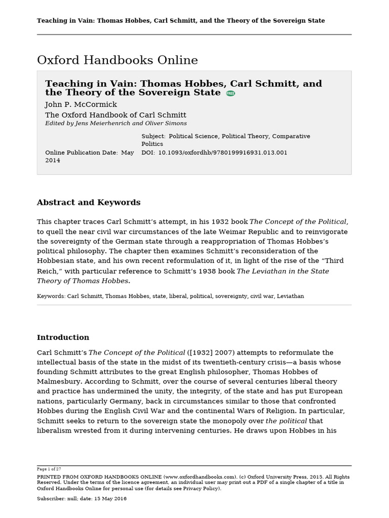 Thomas Hobbes, Carl Schmitt, and The Theory of The Sovereign State ...