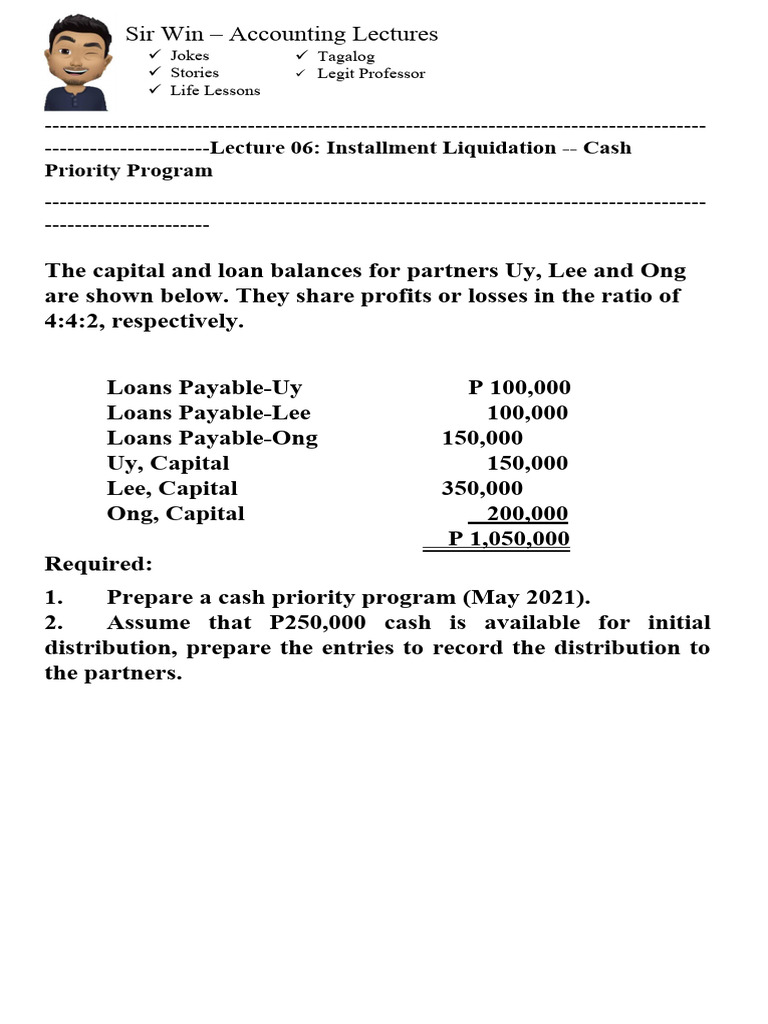 Lecture 06 Installment Liquidation Cash Priority Program 2 | PDF | Business