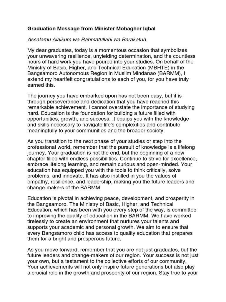 Graduation Message From Minister Iqbal | PDF | Behavior Modification