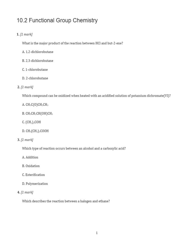 10.2 Functional Group Chemistry IB Questions | PDF | Chemical Reactions ...