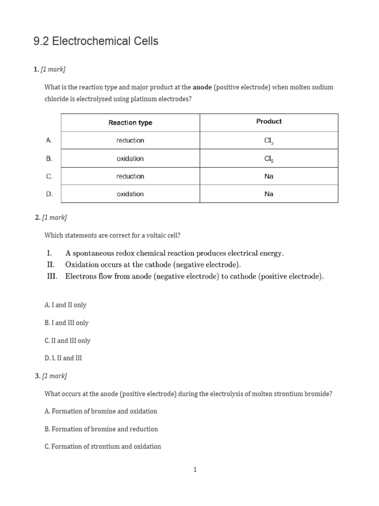 9.2 Electrochemical Cells IB Questions | PDF | Electrode | Redox