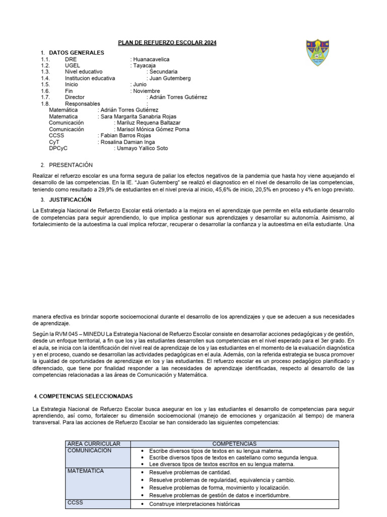 Plan De Refuerzo Escolar 2024 Pdf Evaluación Aprendizaje
