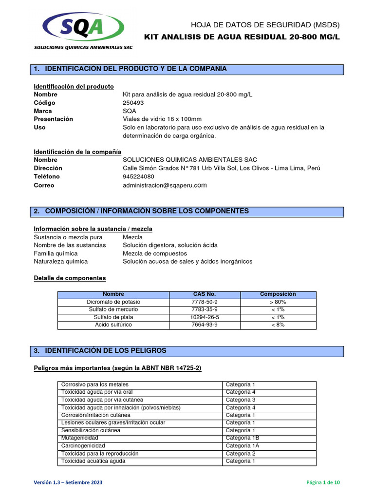 MSDS 250493 - Kit Para Análisis de Agua Residual Rango Alto 20-800 Ppm ...