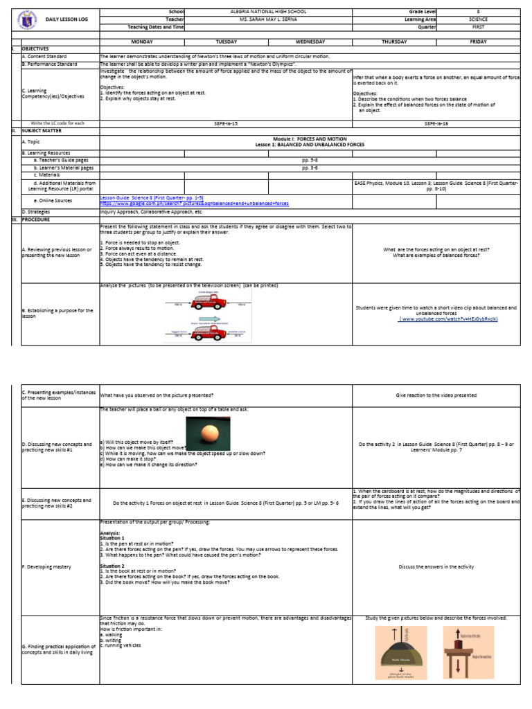 DLL Science 8 | PDF | Force | Learning