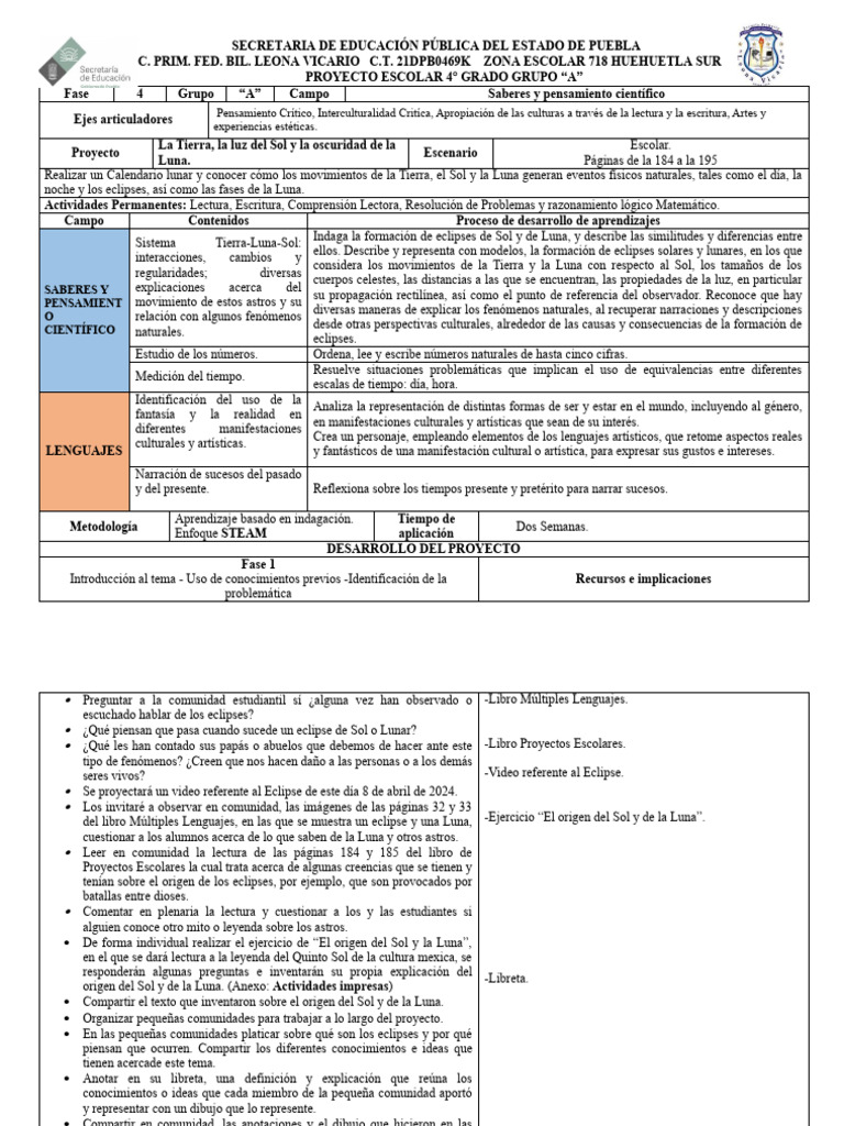 PROYECTO 4o. ABRIL 2024 Semana 1y 2 | PDF | Luna | Eclipse