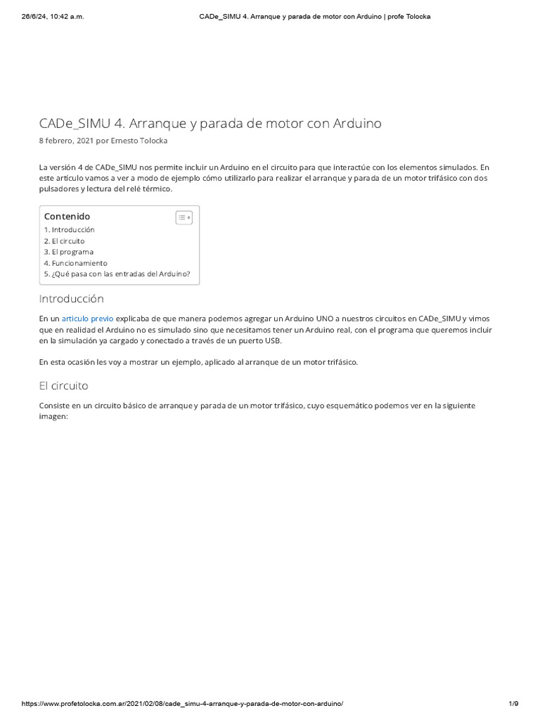 CADe - SIMU 4. Arranque y Parada de Motor Con Arduino - Profe Tolocka | PDF | Relé | Arduino
