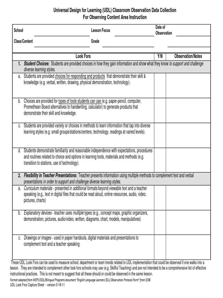 UDL Classroom Observation Protocol | PDF | Learning | English As A ...
