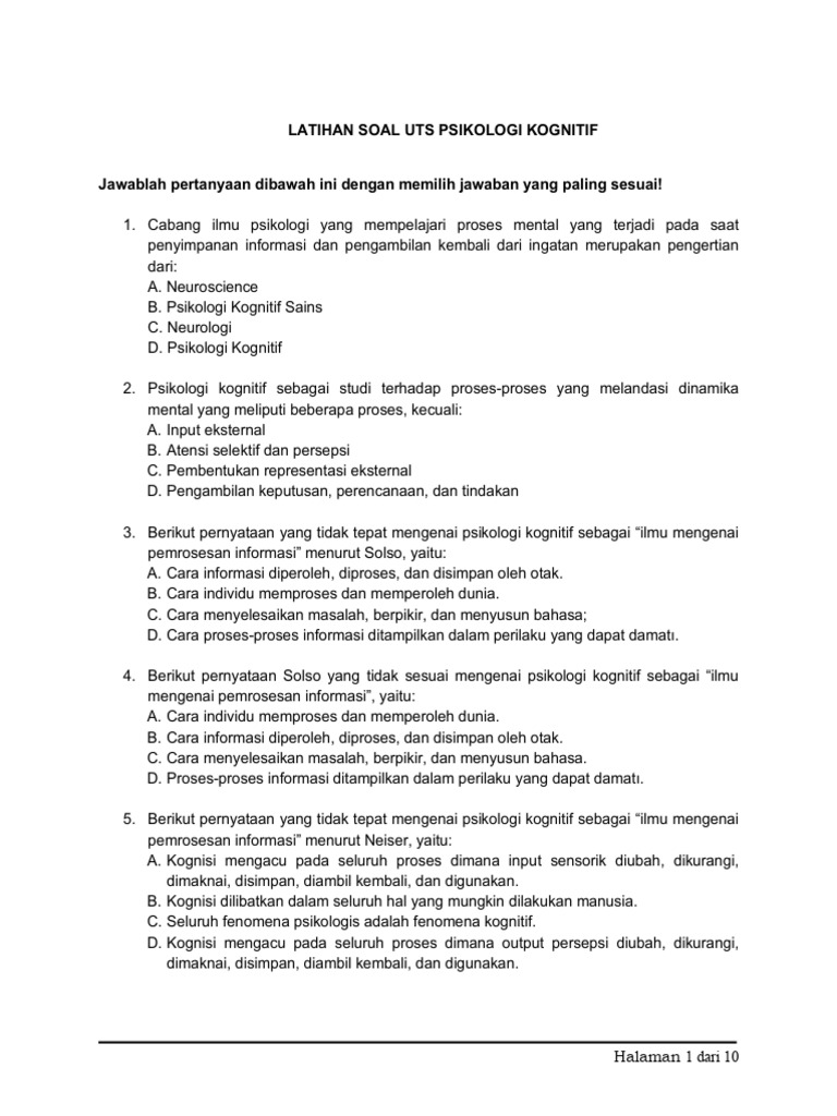 Latihan Soal UTS - Psi - Kognitif | PDF