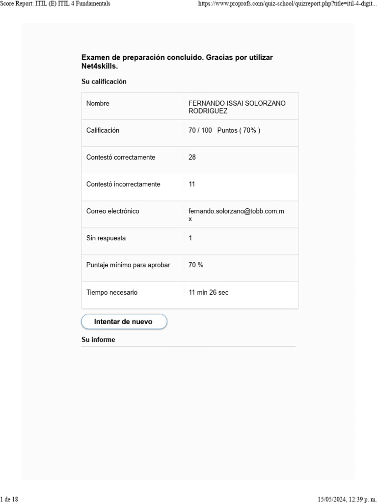Score Report ITIL (E) ITIL 4 Fundamentals 8 | PDF | Itil | Software