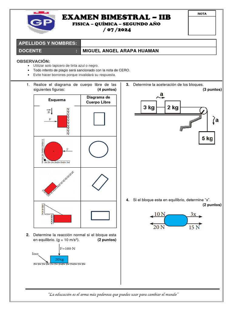EXAMEN BIMESTRAL - IIB (FISICA-QUIMICA 2do SEC) | PDF