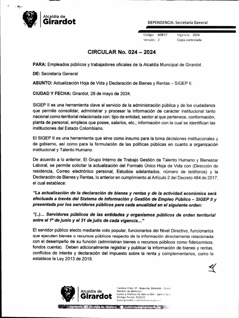 Circular No 024-2024 Actualización de Hoja de Vida y Declaración de Bienes y Rentas - Sigep Ii | PDF