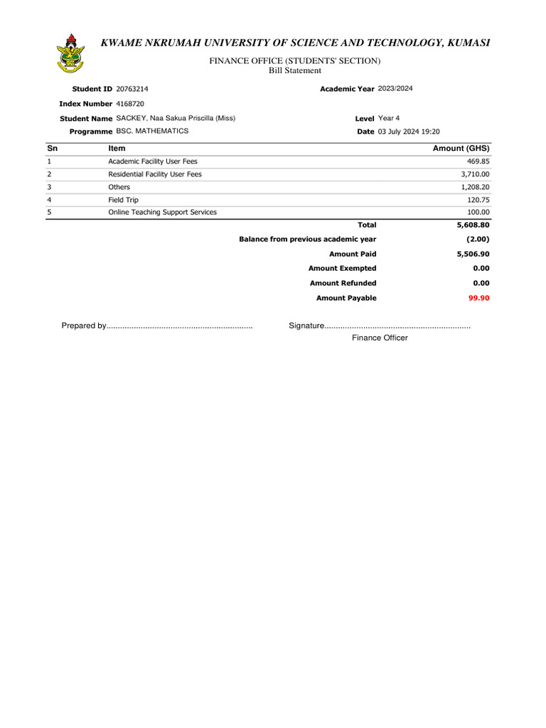 Student Fee Statement | PDF | Payments