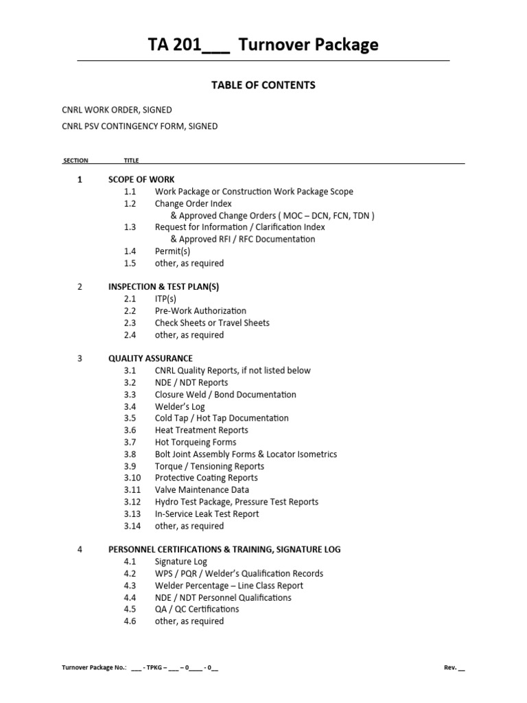 Turnover PKG - Table of Contents TEMPLATE | PDF | Nondestructive ...