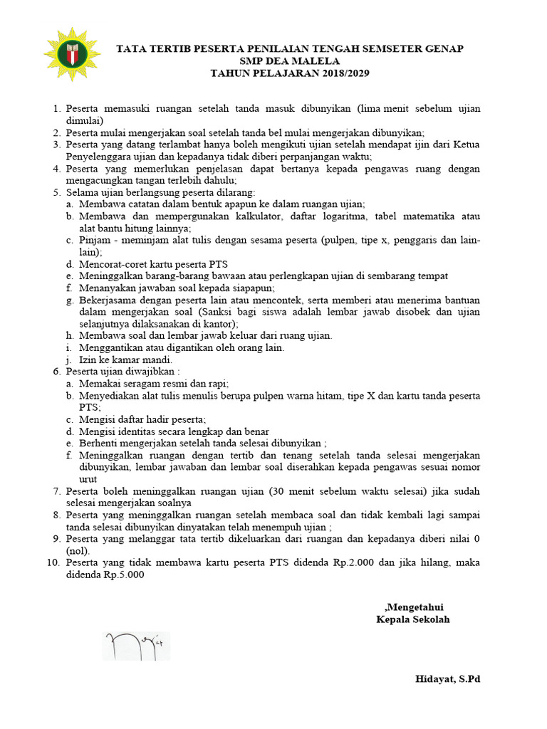Tata Tertib Ujian SMP/SMA Dea Malela | PDF