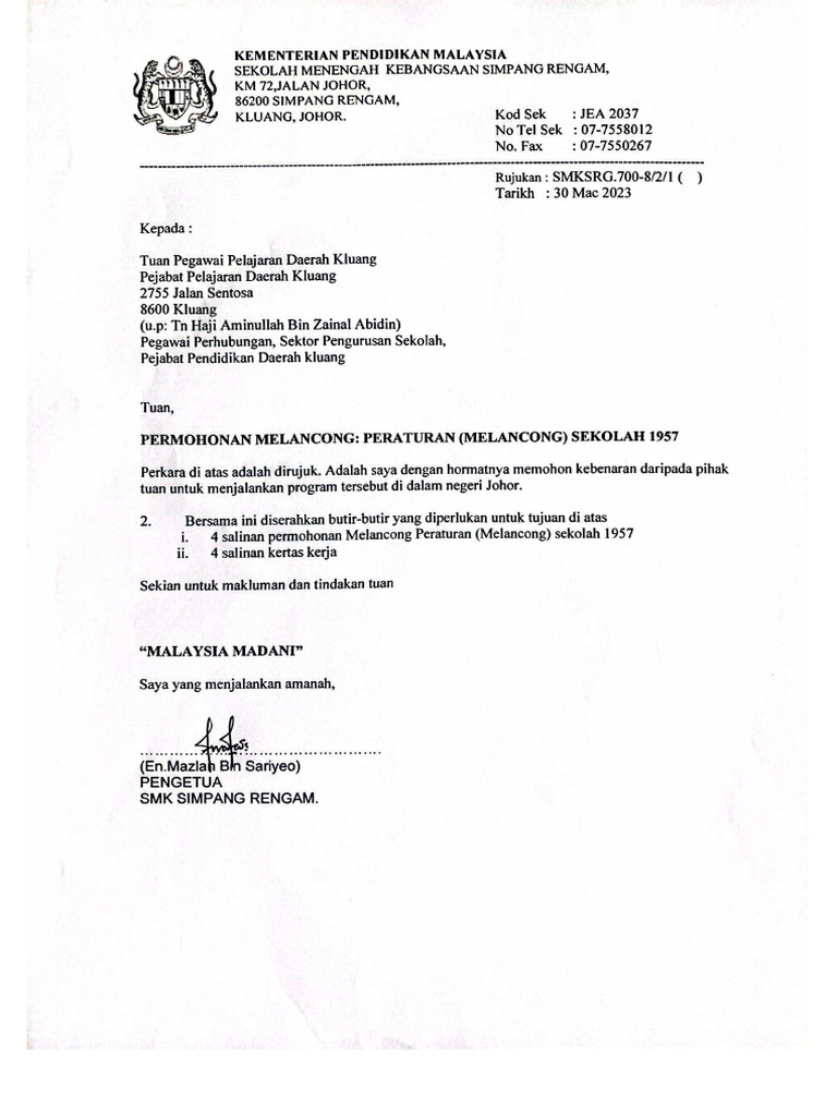 Surat Permohonan Kem Kepimpinan Perdana 2023 | PDF