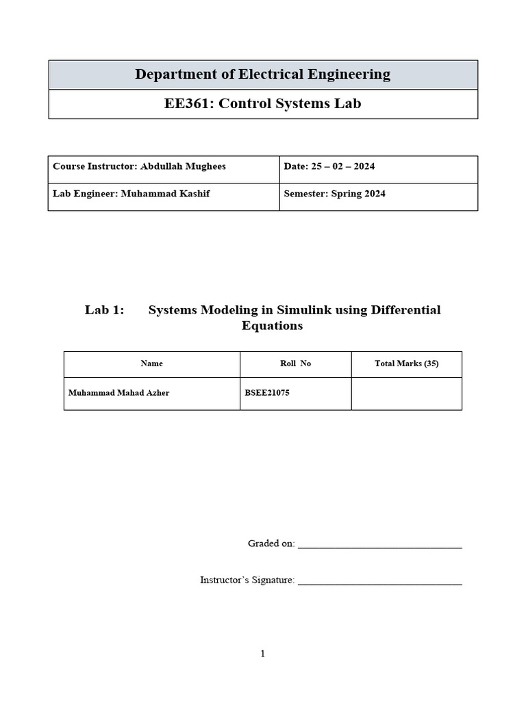 Department of Electrical Engineering EE361: Control Systems Lab | PDF ...