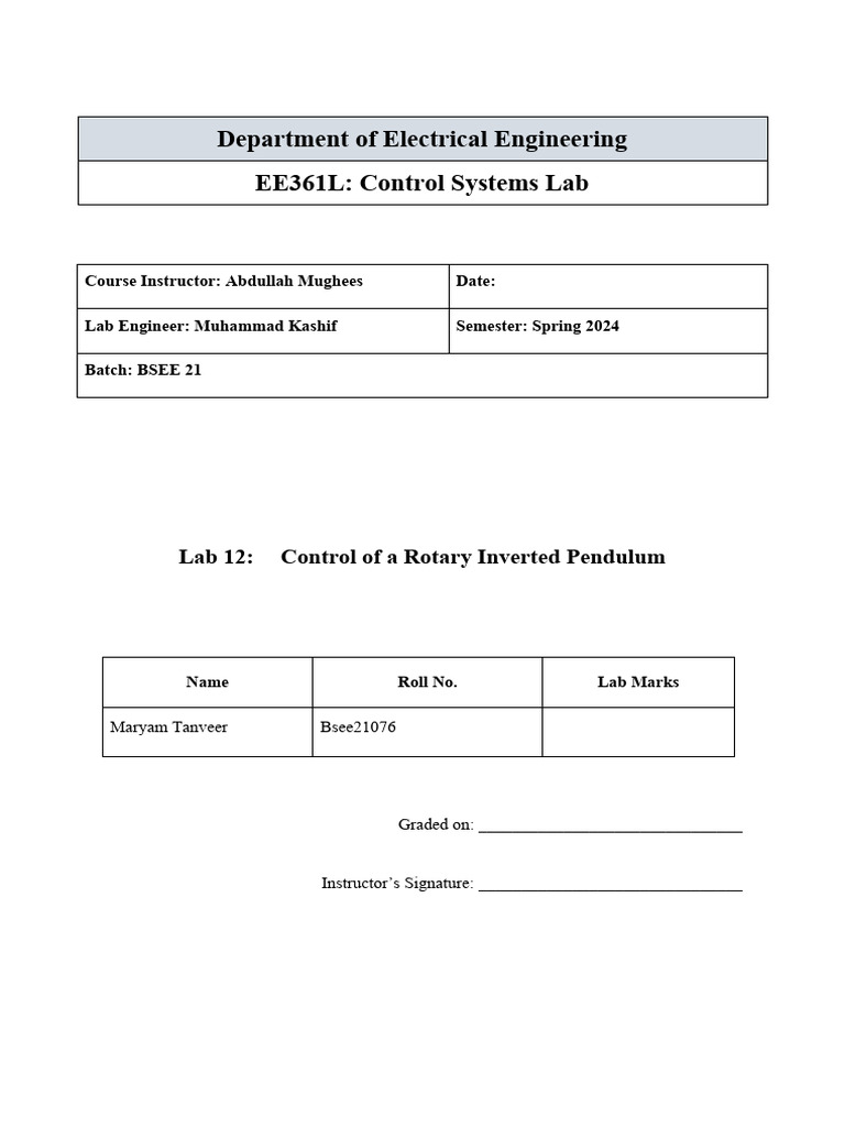 Department of Electrical Engineering EE361L: Control Systems Lab | PDF | Control Theory | Matrix ...