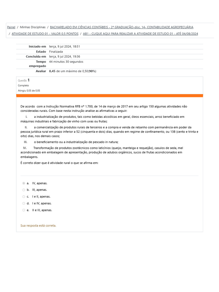 CONTABILIDADE AGROPECUÁRIA - Atividade Complementar 01 | PDF