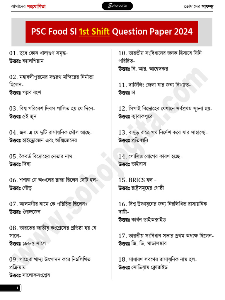PSC Food SI 1st Shift Question Paper 2024 | PDF