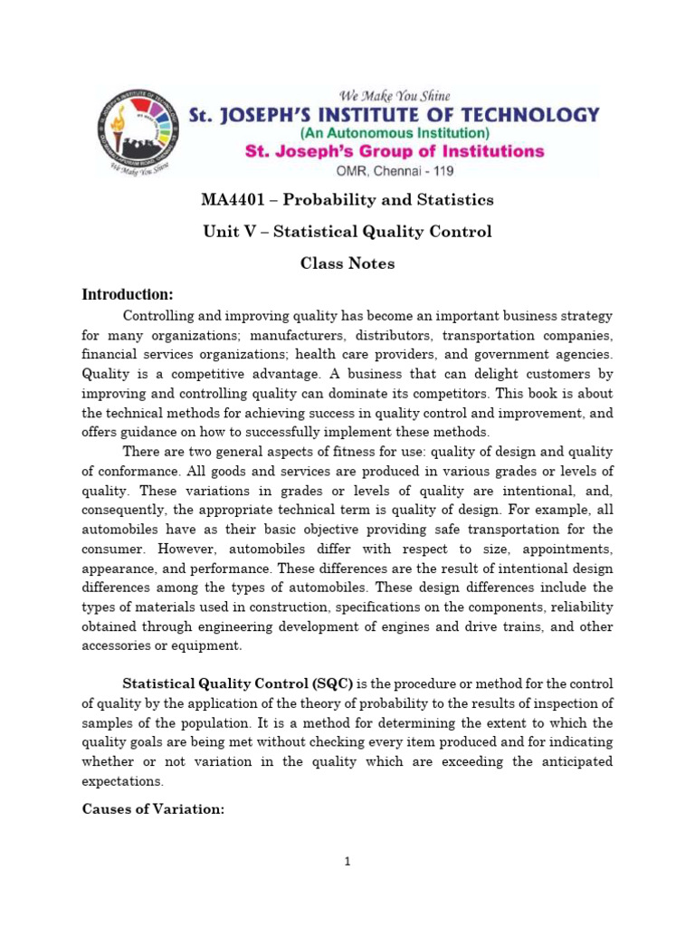 V Statistical Quality Control | PDF | Quality (Business) | Engineering ...
