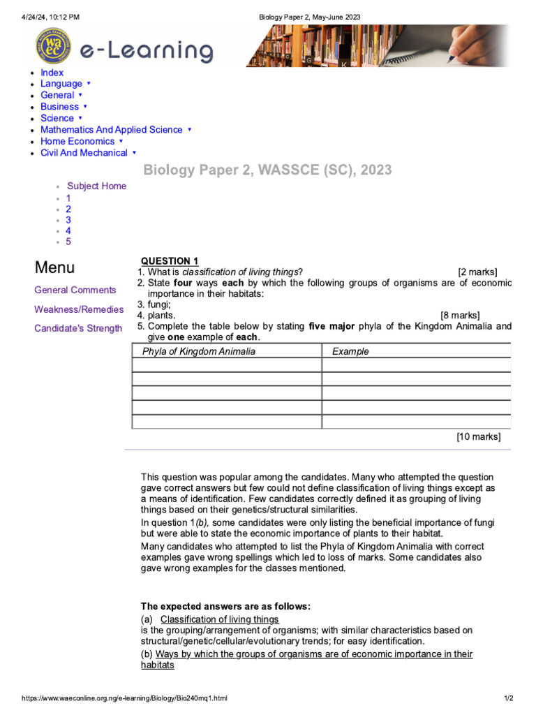Wassce 2023 Biology Paper 2 Past Questions and Answers | PDF