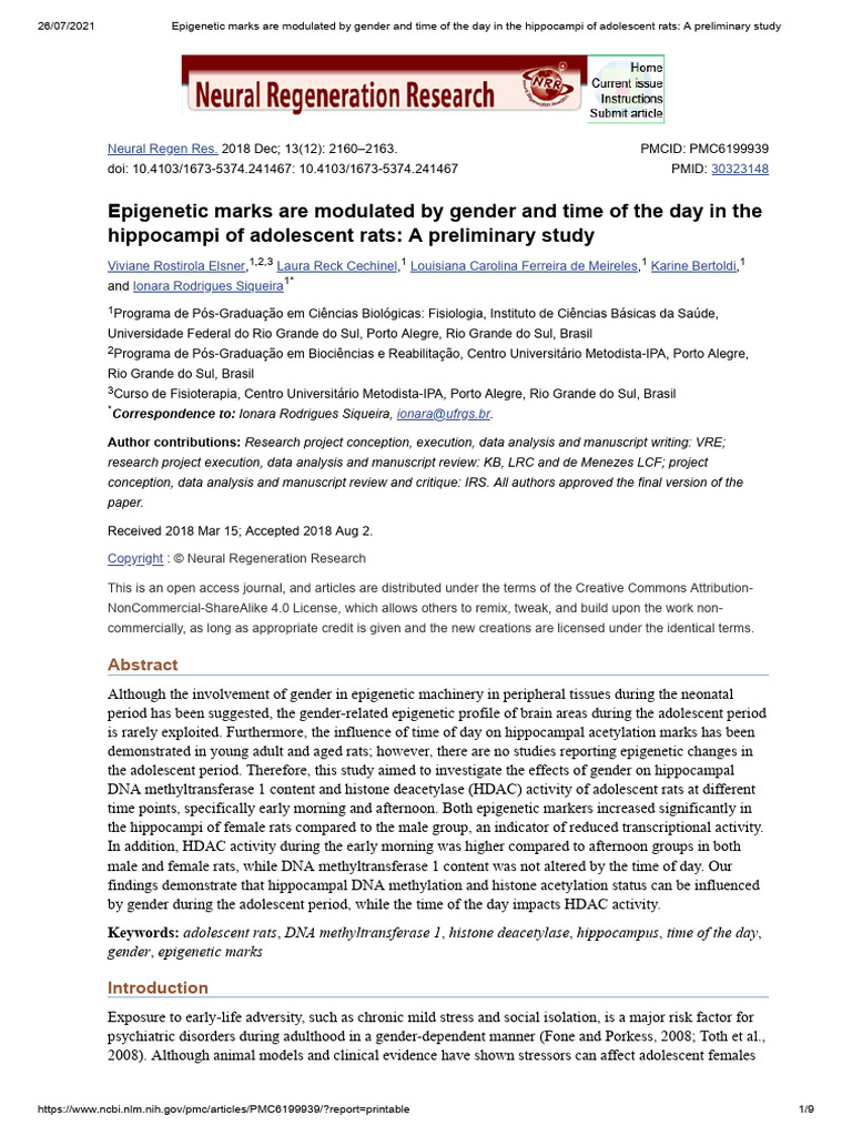 Epigenetic Marks Are Modulated by Gender and Time of The Day in The ...