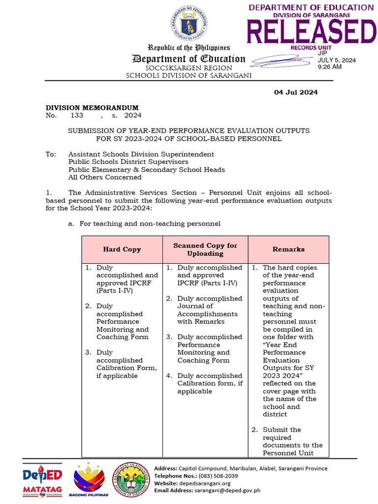 DM 133 2024 Submission of Year End Performance Evaluation Outputs For Sy 2023 2024 of School ...