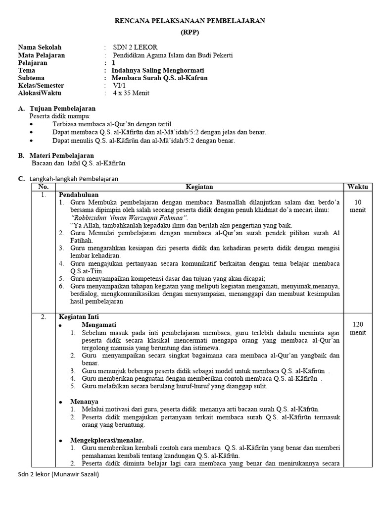 RPP 2024 Membaca Q.S. Al-Kafirun | PDF | Agama & Spiritualitas