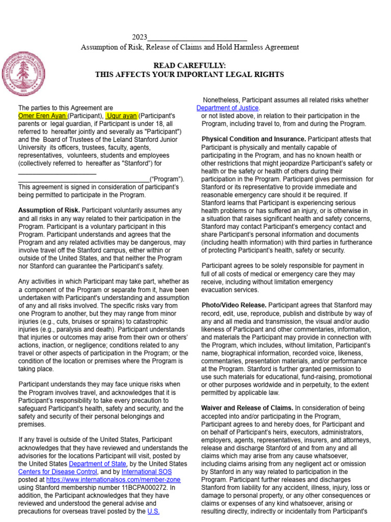 Stanford Program Risk Waiver Agreement | PDF | Indemnity | Justice