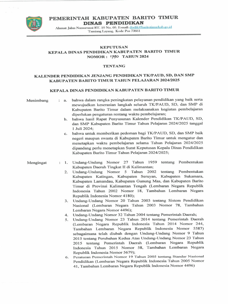 SK Kalender Pendidikan Jenjang SMP, SD Dan TK-PAUD Tahun Pelajaran 2024 ...