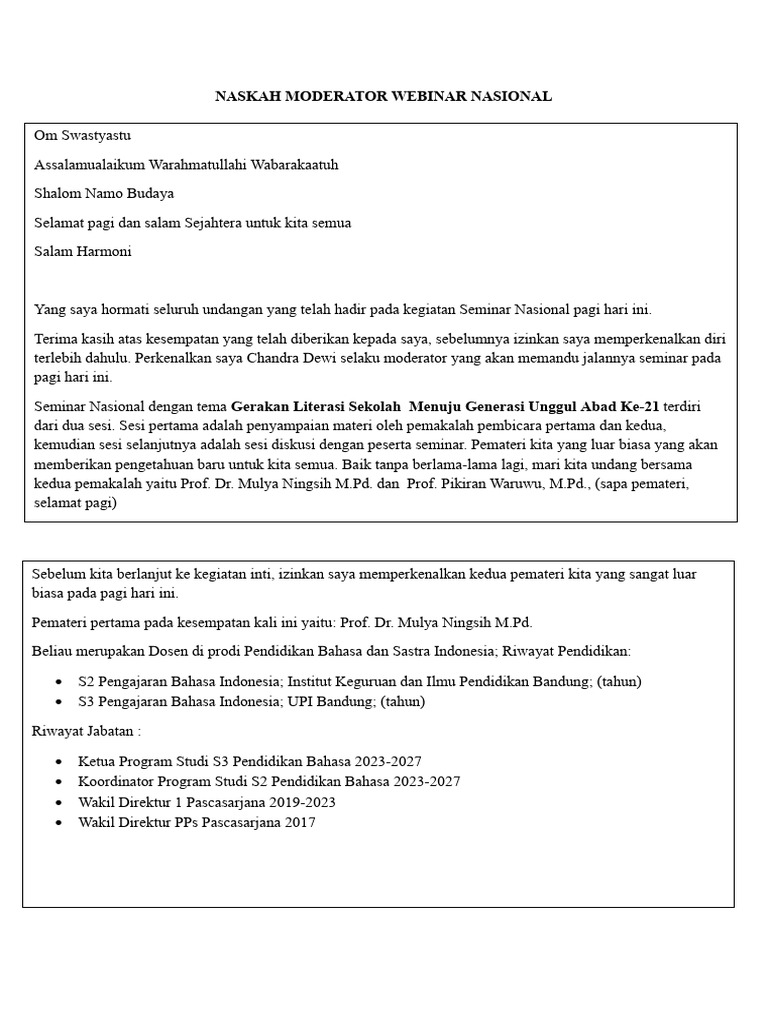 Naskah Moderator Seminar Nasional Part 2 | PDF | Seni & Disiplin Bahasa ...
