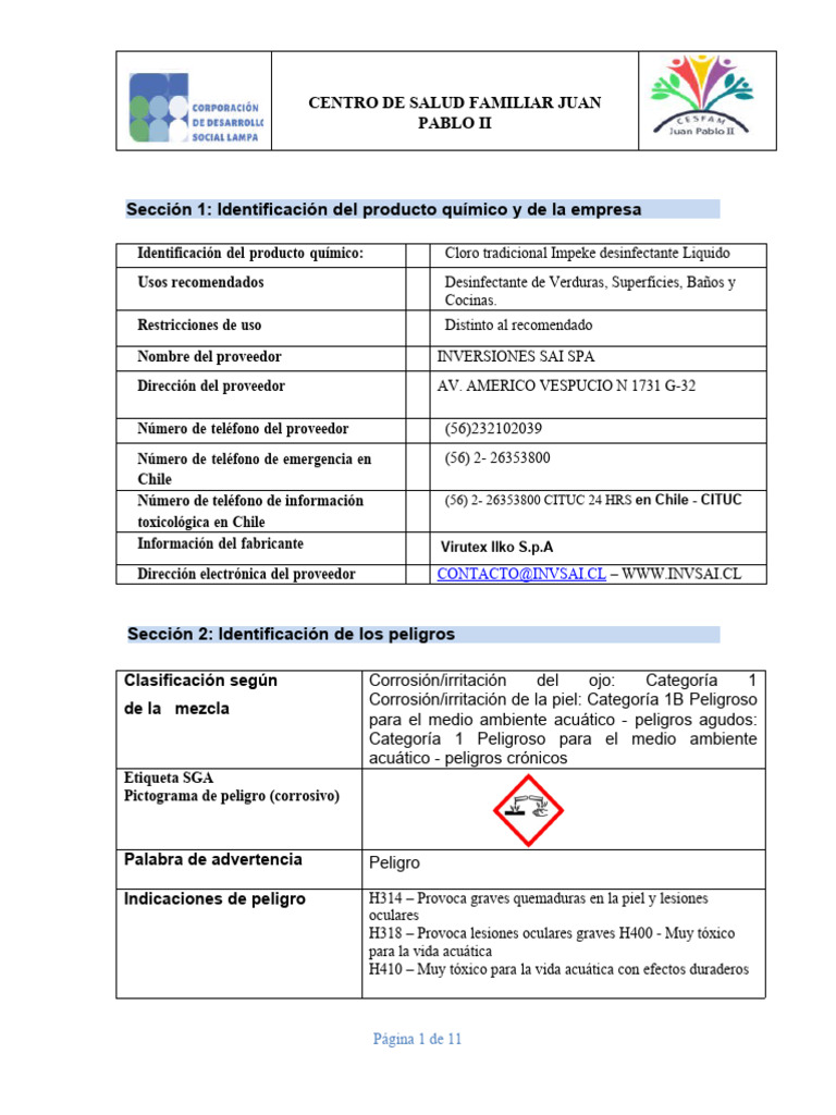 Hoja de Seguridad Cloro | PDF | Agua | Cloro