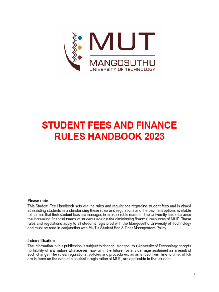 Mut Student Fee Handbook 2023 Final | PDF | Payments | Banks