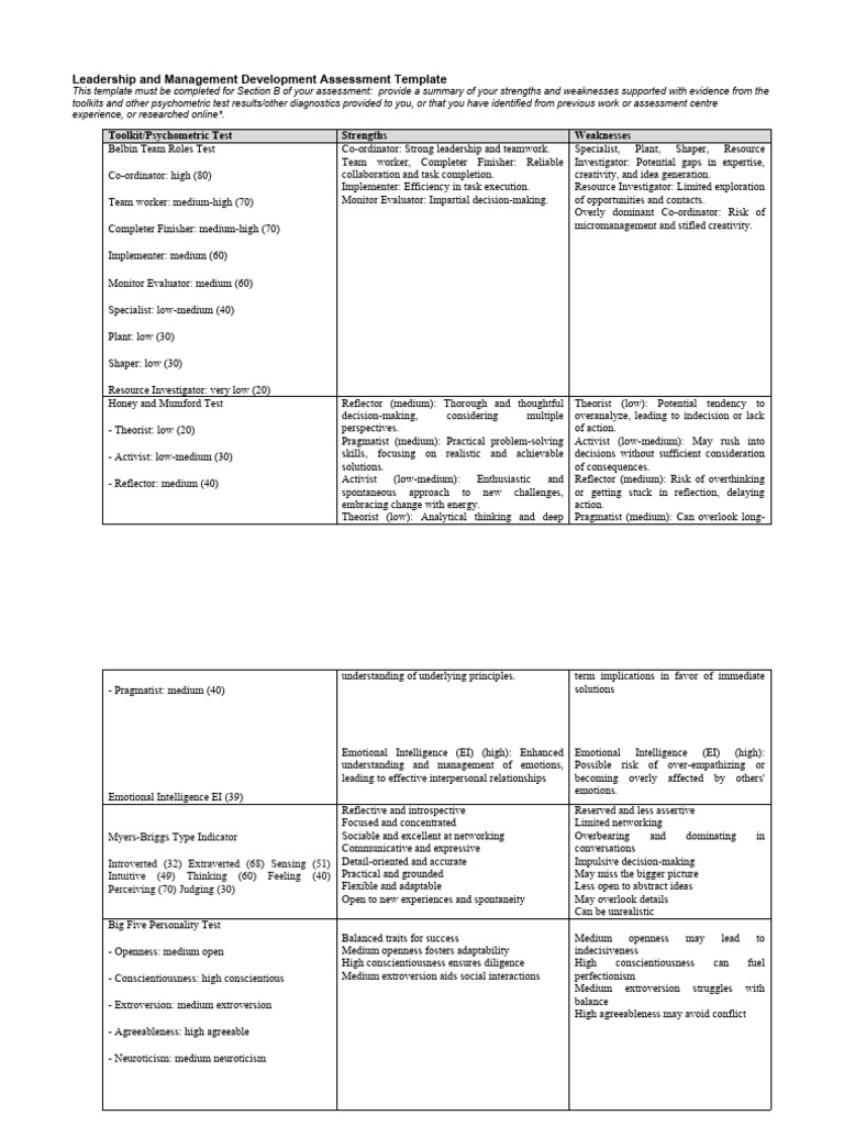 Leadership and Management Development Assessment Template | PDF | Extraversion And Introversion ...