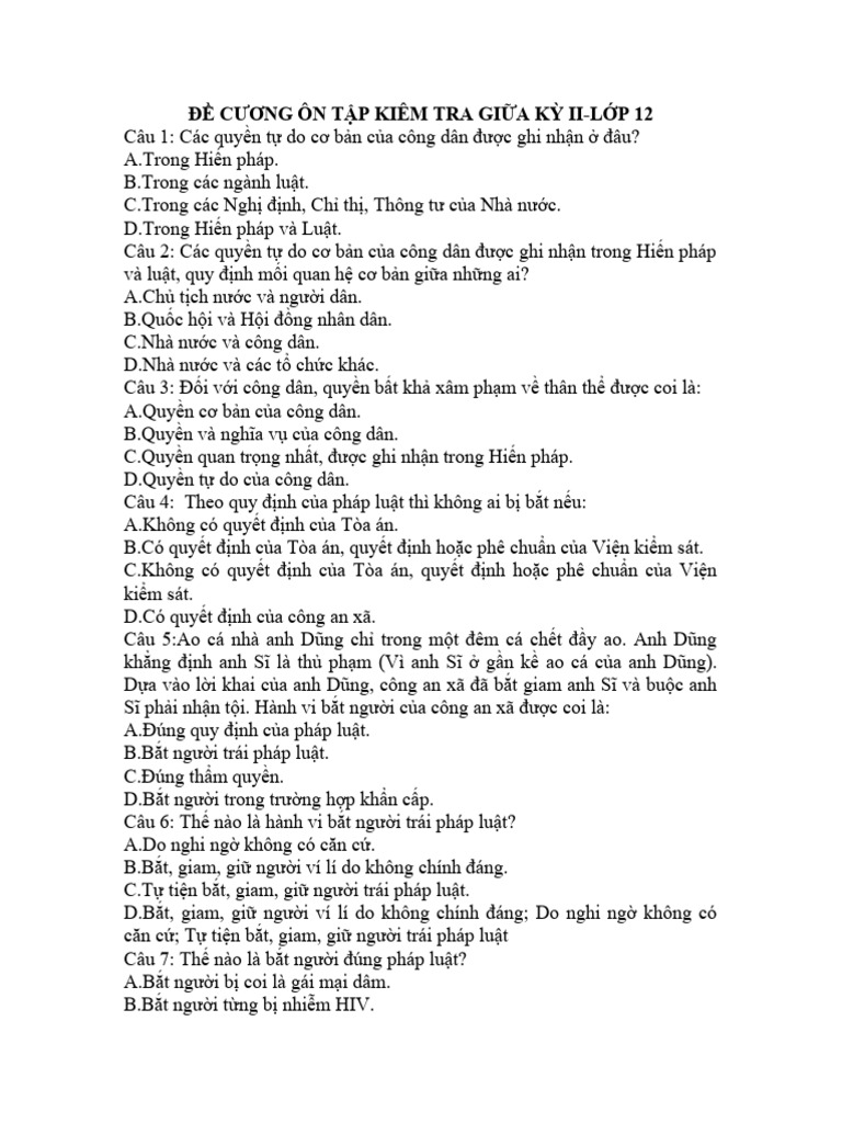 Đề Cương Giữa Kỳ - Lớp 12-Hkii | PDF