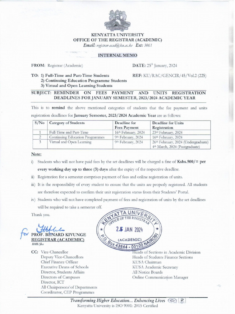 Reminder On Fees Payment and Units Registration Deadlines For January ...
