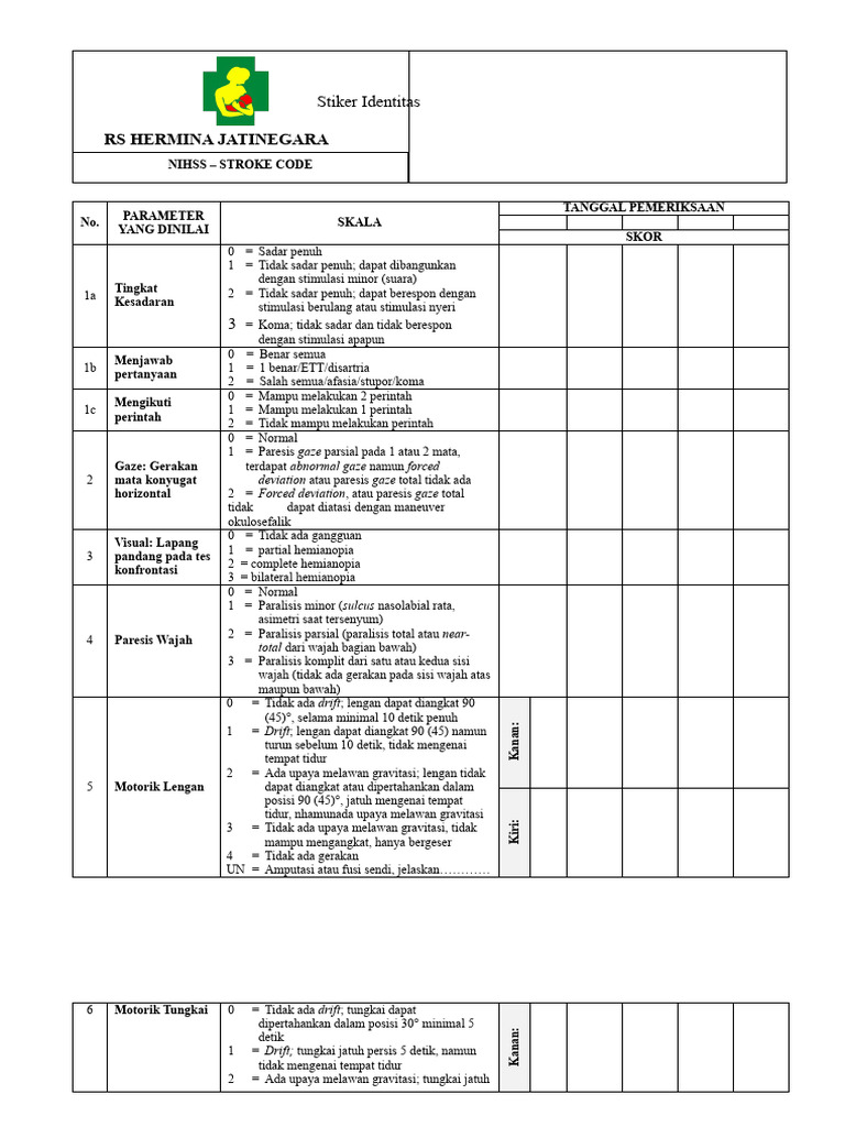 NIHSS - Skor - Indonesia - Hermina Jatinegara | PDF