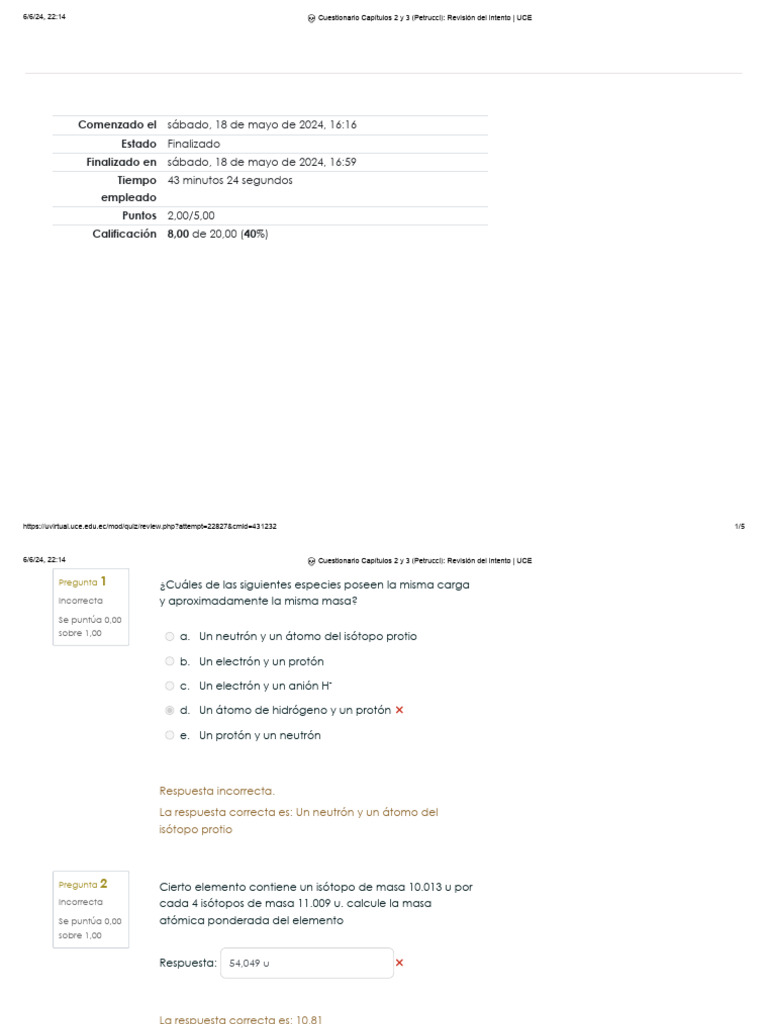 ? Cuestionario Capítulos 2 y 3 (Petrucci) - Revisión Del Intento - UCE | PDF | Isótopo ...
