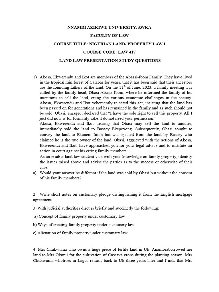 Land Law Presentation Study Questions 2023-2024 | PDF | Private Law | Common Law