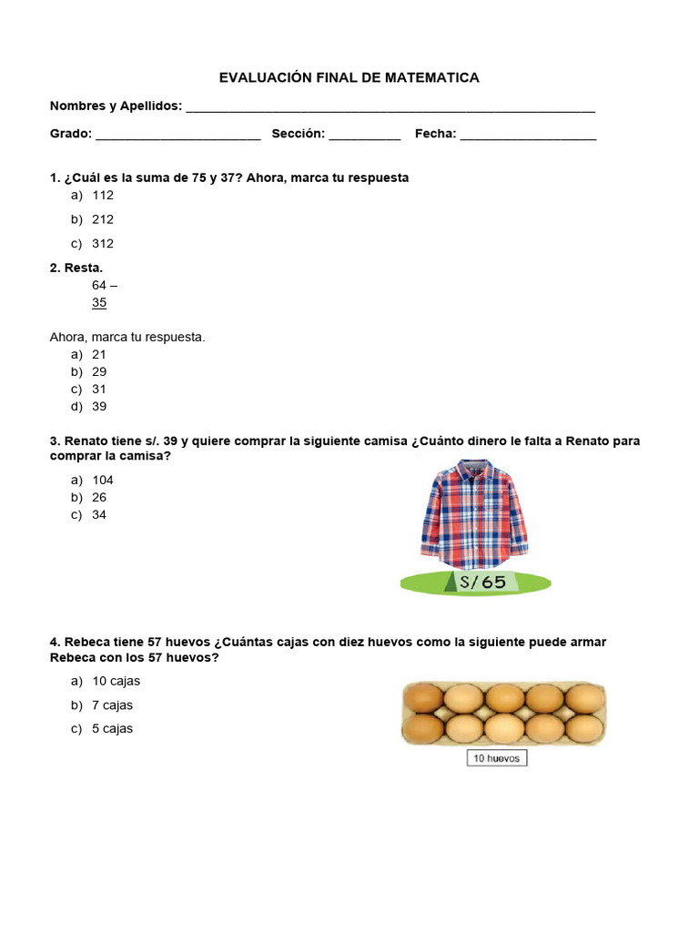 2° Grado - Evaluación de Matemática | PDF