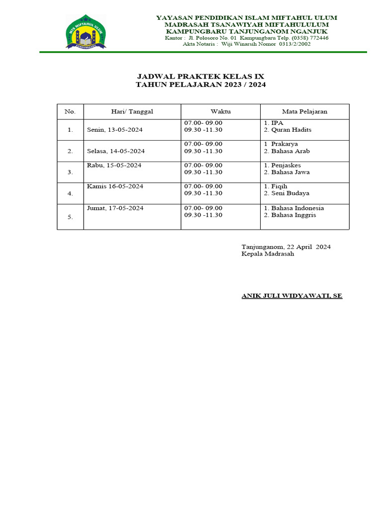 Jadwal Ujian Praktek Kelas IX 2024 | PDF