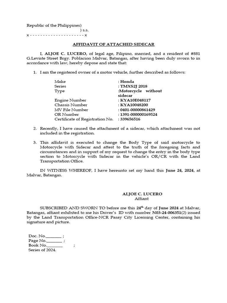 Affidavit for Motorcycle Sidecar Attachment | PDF