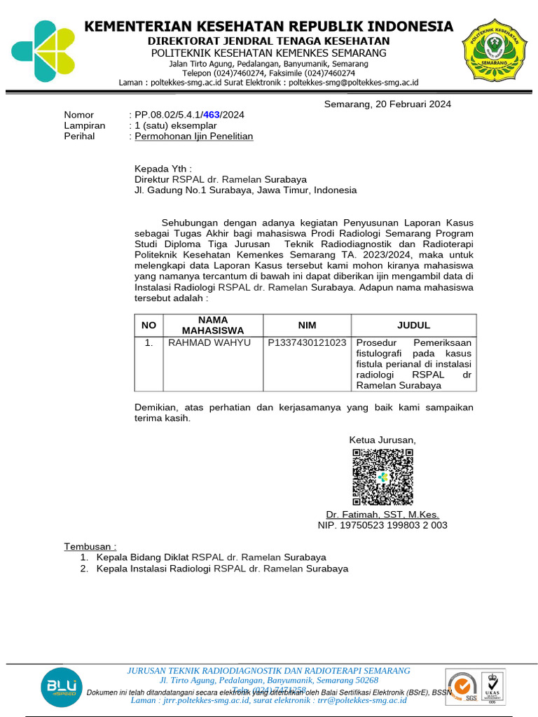 Surat Permohonan Ijin Penelitian RSPAL Dr. Ramelan A.N Rahmad Wahyu | PDF