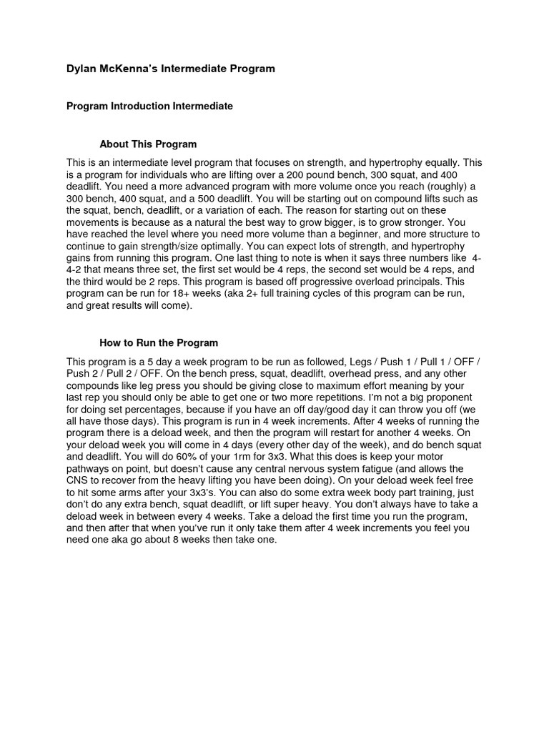 Dylan McKenna - S Intermediate Program | PDF | Strength Training | Physical Fitness