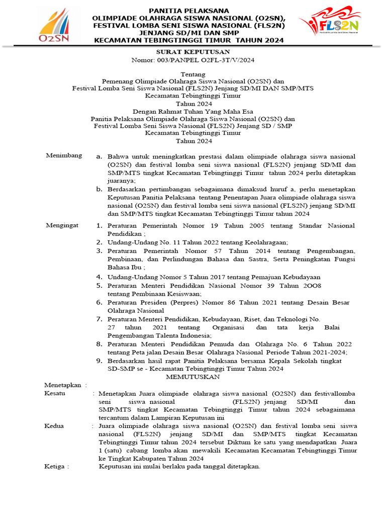 Pemenang O2SN dan FLS2N 2024 Tebingtinggi | PDF