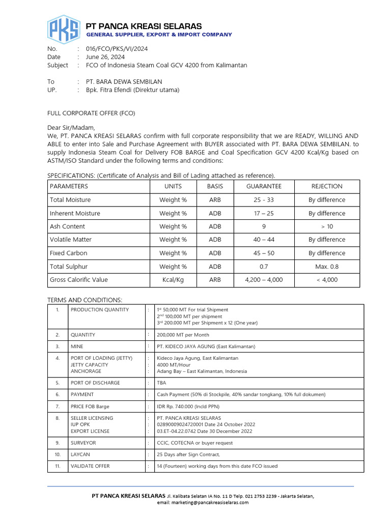 1._FCO_FOB_BARGE_GCV_4200_PKS_(26.06.2024)[1] | Download Free PDF | Coal | Fuels